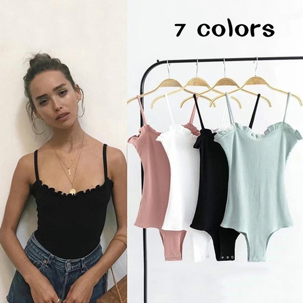 Women's Sexy Rib Camisole Jumpsuit Top Straps T-Shirt Stringy Selvedge ...
