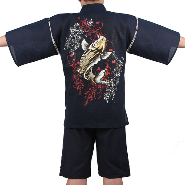 Mens Japanese Pyjama Sets Summer Yukata Traditional Jinbei Hippari ...