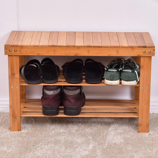 Shoe Rack, Bamboo Shoe Bench 2 Tier Shoe Rack Organizer Entryway Shoe ...