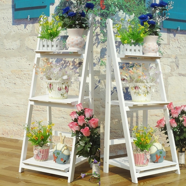 3 Tiers Display Rack Solid Wood Folding Ladder Racks Pure White Flower ...