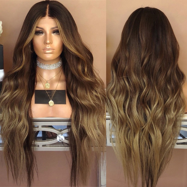 Matte Gradient Brown Long Curly Wigs High Temperature Wire Mixed Colors ...
