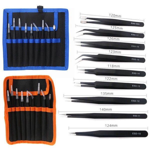 9pcs/Set Stainless Steel Precision Tweezers Anti Static Repair Tool Kit ...