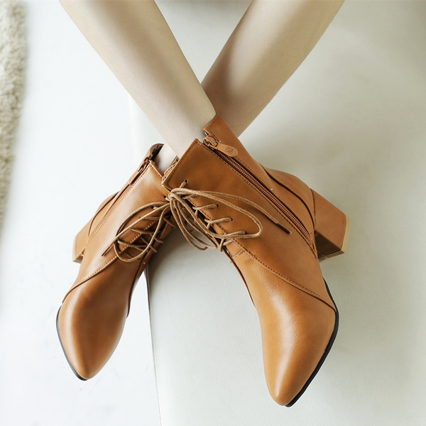 Women Winter Pointed Toe Zipper and Lace Up Square Heel Ankle Boots ...