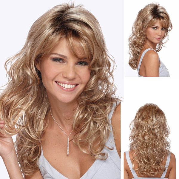 Long Wave Curly Wig Golden Blonde Hair With Bangs Body Wave Wigs Hairstyle Synthetic Heat