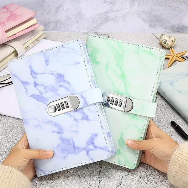 A5 Marble Lines Notebook with Lock Writing Pads Lockable Password Diary ...