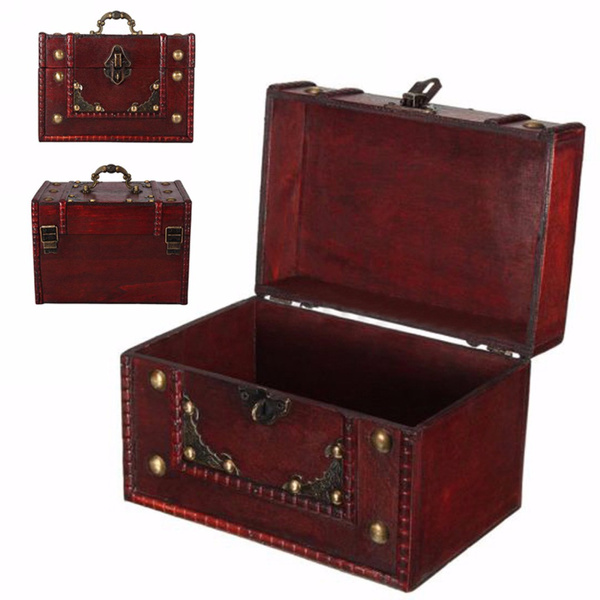Vintage Large Wooden Jewellery Treasure Box Keepsake Chest Case Lock ...