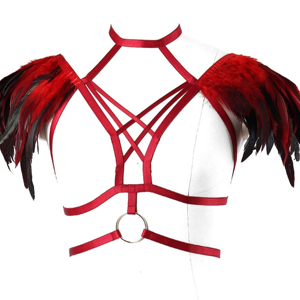 Red Feather Epaulettes Shoulders Wings Tops Caged Body Harness Lingerie ...