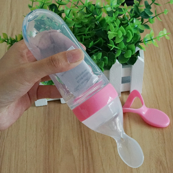 Baby Silicone Feeding Bottles with Spoon Toddler Kids Milk Feeder ...
