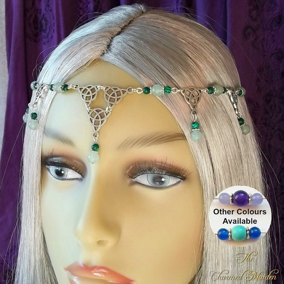Green Gemstone Celtic Headpiece, Medieval Triquetra Circlet ...