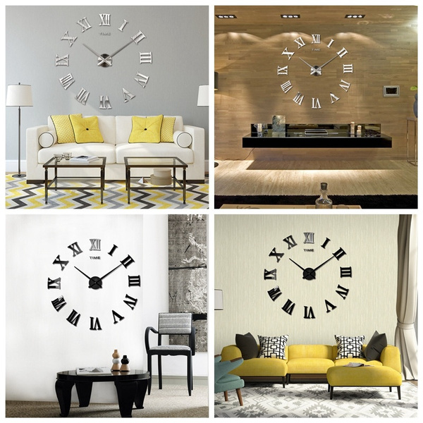 DIY 3D Wall Clock Roman Numerals Large Size Mirrors Surface Luxury Big ...