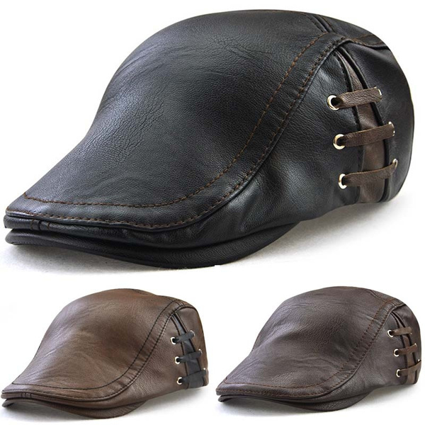 Men's Vintage Newsboy Cap PU Leather IVY Flat Gatsby Hat Winter Golf ...