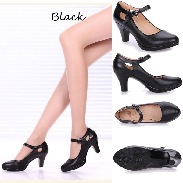 Size Black High-Heeled Square Heel Woman OL Shoes with Round Toe Thick ...