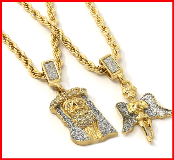 Mens Gold Two Piece Prayer Angel & Jesus Set Pendant Hip Hop 24" /30 ...