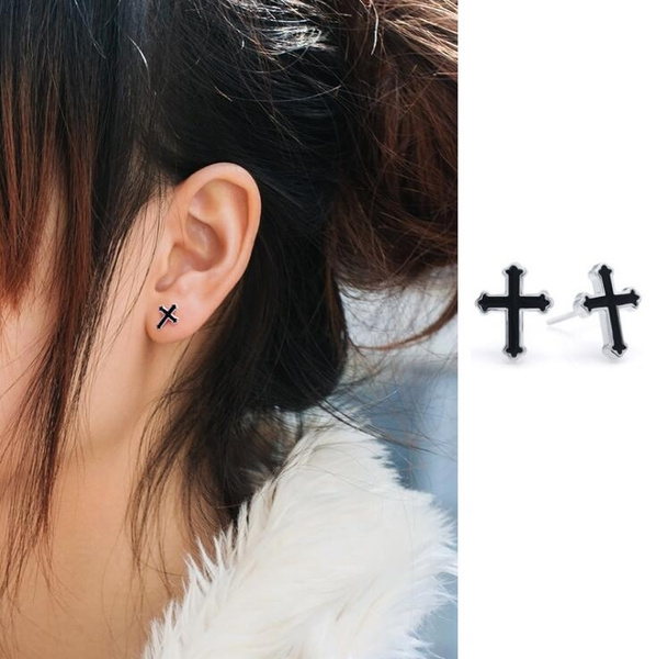 Ear Nail, Black Christian Cross Ear Stud Earring, Male and Female Cool ...