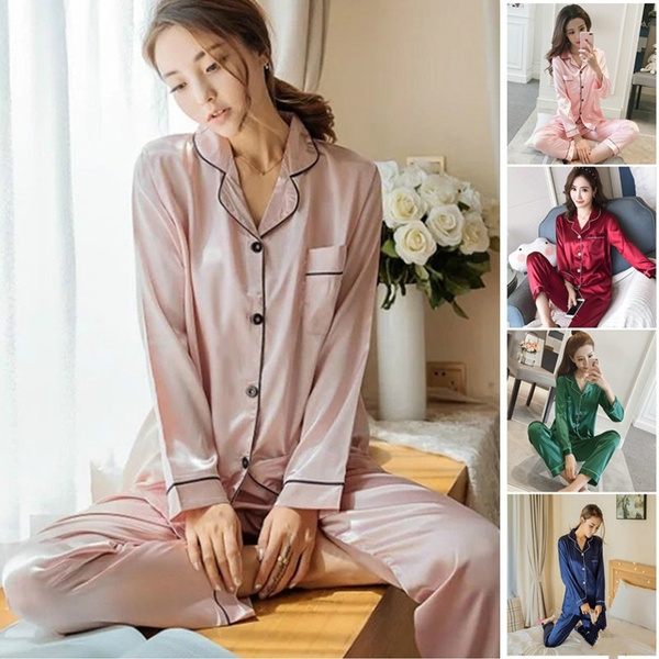 Womens Pajamas Set Long Sleeve Sleepwear Pajamas Suit Female Sleep Two ...