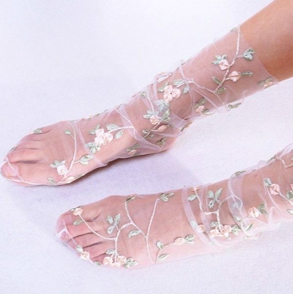 Women Embroidery Flowers Socks Lolita Ladies Girl's Transparent Lace ...