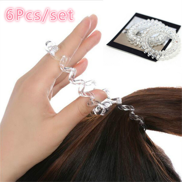 6 PCS Clear Elastic Hair Bands Telephone Wire Style Ties Spiral Rubber ...
