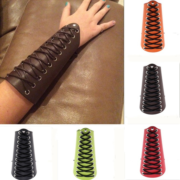 Unisex Game Cosplay Props Faux Leather Wide Bracer Lace Up Arm Armor ...