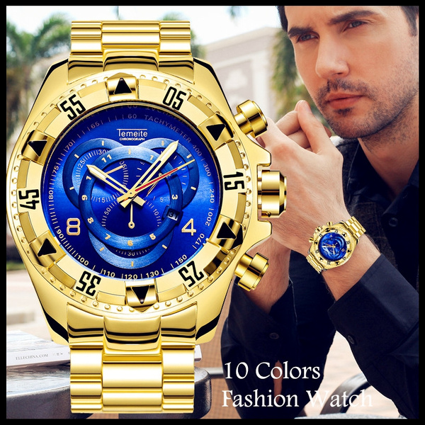TEMEITE Mens Fashion Creative Big Dial Watch Luxury Gold Blue Full ...