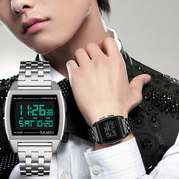 SKMEI Stainless Steel LED Digital Sport Watch Rectangle Multiple Time ...