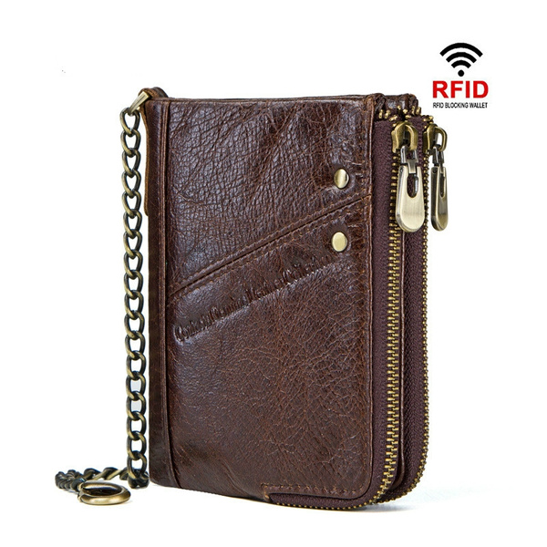 Men's Genuine Leather Bifold Wallet Double Zipper Coin Purse Card ...