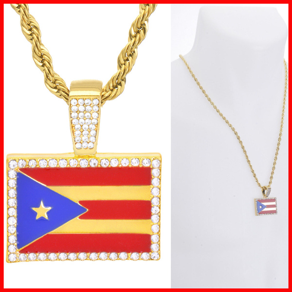 Men's Gold or SilverTone Iced Bling Puerto Rico Flag Pendant 24" Rope ...