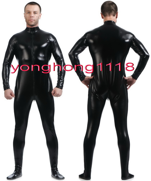 Black Shiny Metallic Men's Suit Catsuit Costumes With Front Long Zipper ...