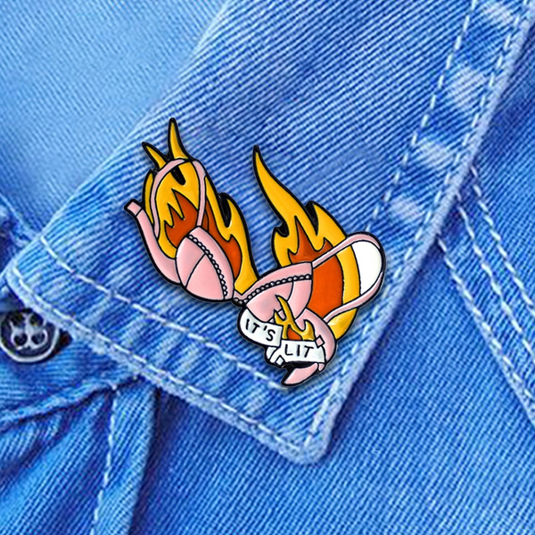 IT'S LIT Bra Brooch Sexy Pink Shiny Bra Flame Lit Bra Badge Enamel Pins ...