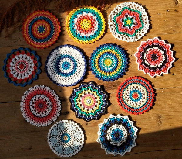 12 PCS Handmade Crochet Doily Mandala Multi Colored Christmas Doilies ...