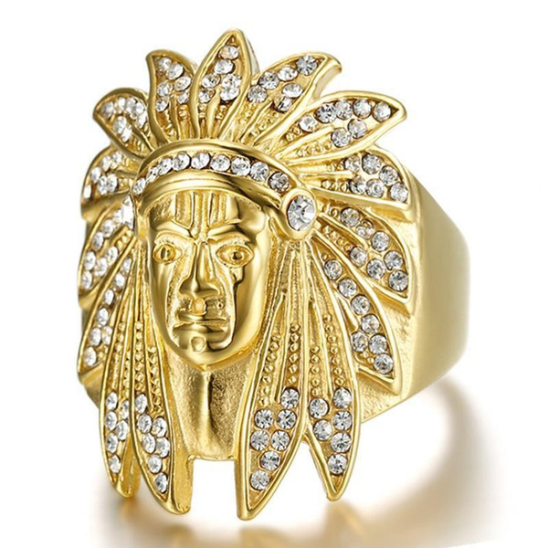 Titanium Steel Fully Crystal Indian Chief American Indian Head Ring For ...