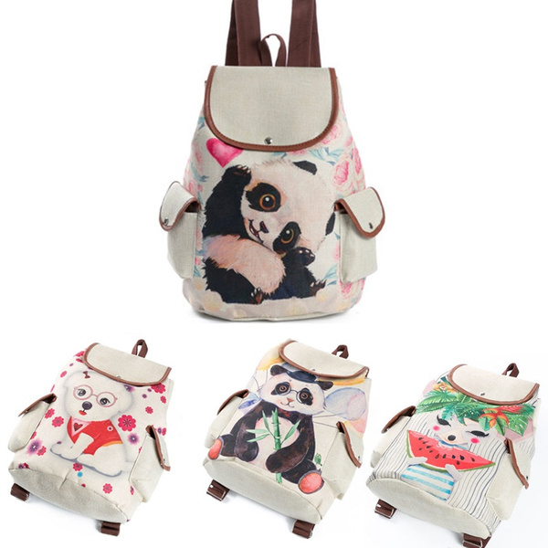 Cute Cartoon Panda Printting Flower Backpack Canvas Shoulder Backapsck ...