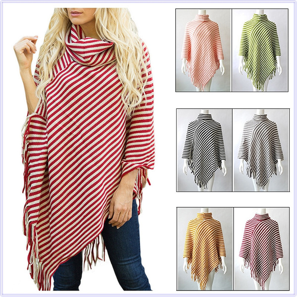 Women's Clothes Shawl Sweater Black White Striped Fringed Cloak Knitted ...