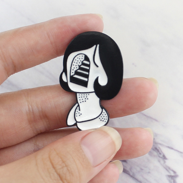 Black White Girl Brooch No Face Girl Space Stairs Enamel Pins For Women ...