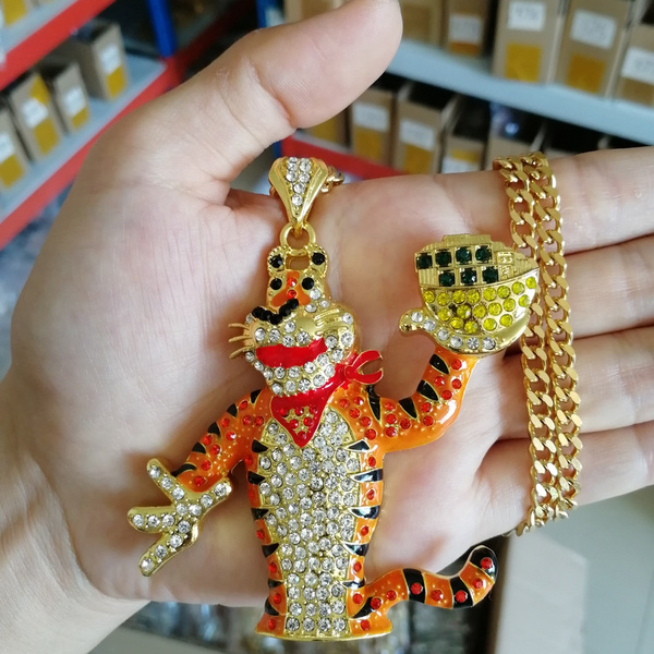 Hip Hop Large Tiger Pendant Necklace Jewelry for Men 30inch Cuban Chain ...