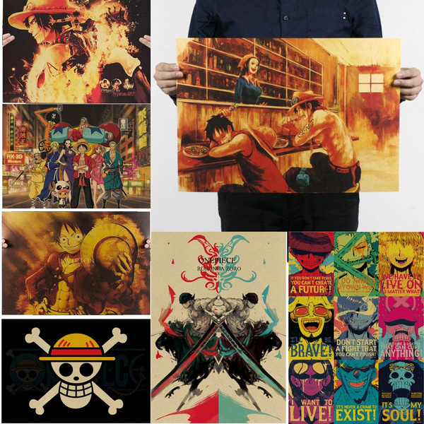Anime One Piece Poster Vintage Style Wall Sticker Luffy Ace Kraft Paper ...