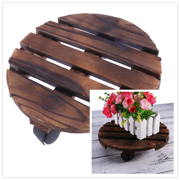 Practical Round Rolling Wheeled Wooden Planter Caddy Movable Plant ...