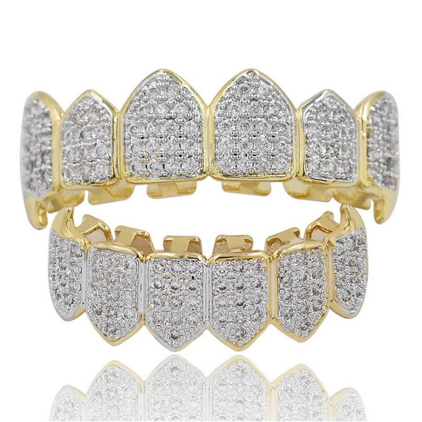 Hip Hop Grillz Iced Out Aaa Zircon Fang Mouth Teeth Grillz Caps Top Or
