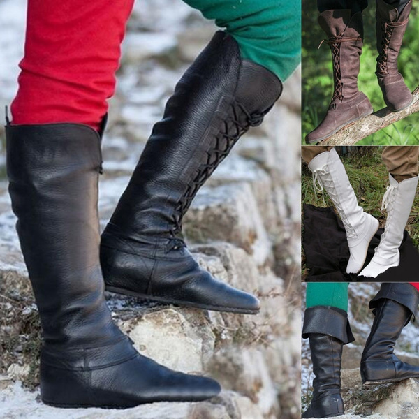 Women Gothic Lace Up Knee High Boots Vintage Paladin Medieval Fantasy ...