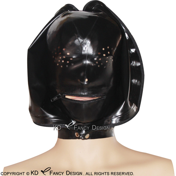 Black Sexy Latex Hood With Zipper On Mouth Back Open Nose Zipper At 