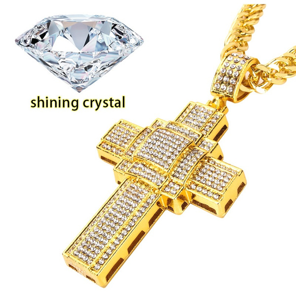 Hip Hop 18k Gold Cross Pendant Necklace Rhinestone Crucfix Necklace ...