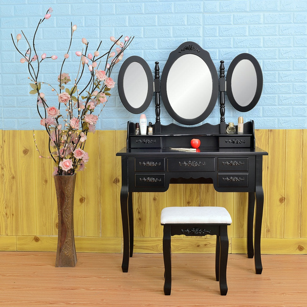 New Black Tri-Folding Mirror Vanity Set 7 Drawers Dressing Table Makeup ... New Black Tri-Folding Mirror Vanity Set 7 Drawers Dressing Table Makeup ...