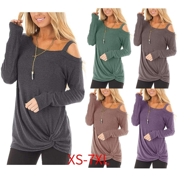Womens Autumn Fashion Casual Loose Long Sleeved T-shirts Cold Shoulder ...