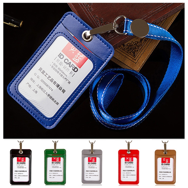 Leather PU Card Holder Staff Identification Card Neck Strap With ...