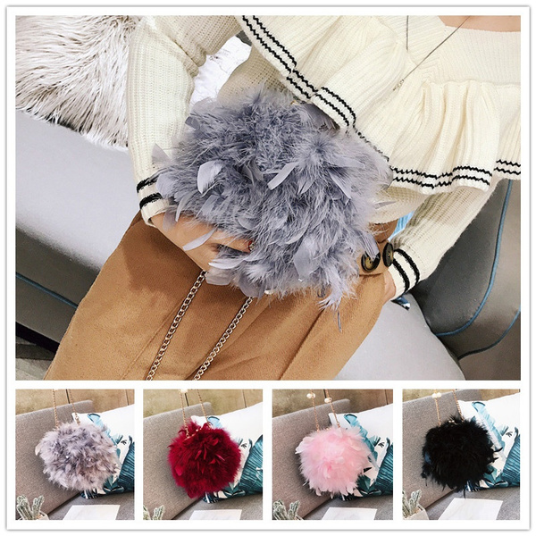 Ladies Real Ostrich Feather Fur Shoulder Chain Bag Purse Handbag Party ...