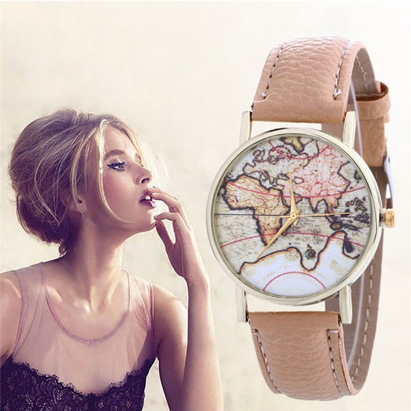World Map Watch Casual Women Quartz Wristwatches Dress Watches Quartz ...