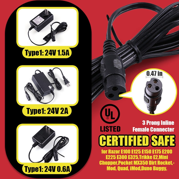24V 0.6A /1.5A/2A Scooter Battery Charger for Razor E100 E125 E150 E175 ...