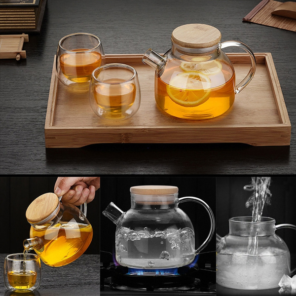 Heat Resistant Glass Tea Infuser Pot With Wooden Cover Flower Tea Puer ...