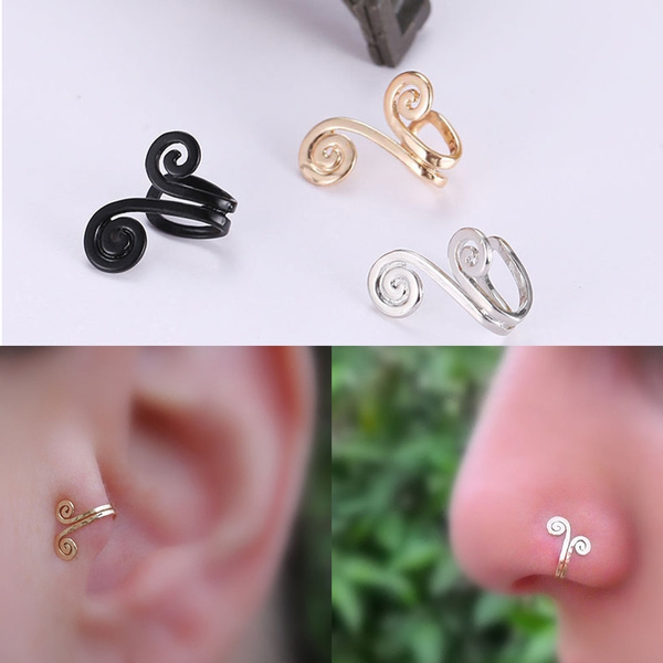 1Pair Spiral Golden Hoop Fake Tragus Piercing Nose Ring Fake Piercing ...