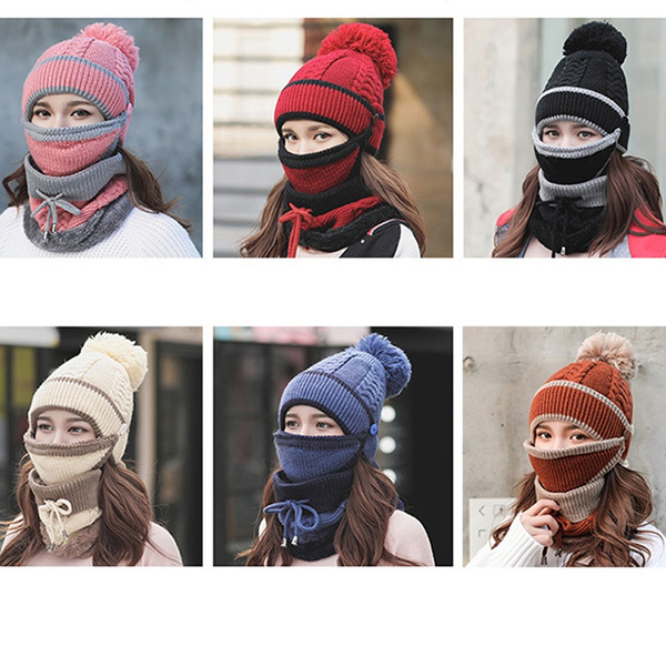 Women Hat Bib Mask Three Pieces Winter Cycling Thick Knitted Scarf Cap ...
