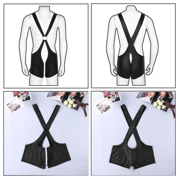 Stretch Tight Unitard Leotard Men's Faux Leather Bodysuit Boxer ...
